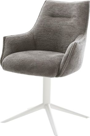 DELIFE Esszimmerstuhl Alja-Flex mit Armlehnen Fu&szlig;kreuz Wei&szlig; Boucl&eacute; Soft Schlamm 360&deg; drehbar Wippfunktion Taschenfederkern