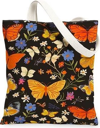 Generic Sacs fourre-tout en toile motif papillon floral, sacs d&eacute;picerie r&eacute;utilisables, l&eacute;gers et lavables avec bandouli&egrave;re, noir, 13x15 Inch