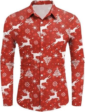 Coofandy Chemise de No&euml;l Homme Manches Longues Christmas Shirt Boutonn&eacute;e Motif Festif Holiday Shirt Cadeau Rouge avec Motif de Renne Blancs 3XL