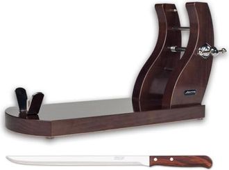 Arcos Jamonero Set - Professioneller Schinkenhalter mit Edelstahlmesser und Hülle, Bambus-Holz, Ideal zum Schneiden von Schinken, Größe 50x28x18 cm, Klingen
