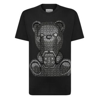 Philipp Plein Homme, Tops, Noir, Taille: 4XL T-shirt Col Rond SS 3D Teddy