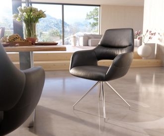 DELIFE Esszimmerstuhl Yago-Flex mit Armlehnen Echt-Leder Schwarz Kreuzgestell konisch Edelstahl Taschenfederkern, Esszimmerst&uuml;hle