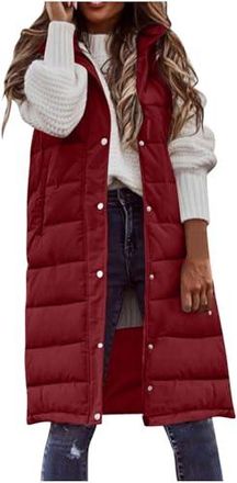 Generic Gilets longs rembourrés pour femme, veste dhiver longue sans manches de couleur unie, gilet à capuche avec fermeture éclair intégrale, veste imperméab