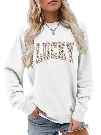 Generic Sweat-shirt porte-bonheur pour la Saint-Patrick pour femme - Motif tr&egrave;fle irlandais - Col rond - Manches longues - Pour femme, blanc, 3XL