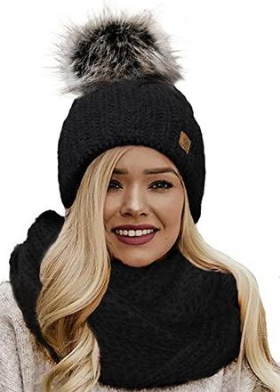 4sold Femme Set Bonnet et écharpe Mohair dhiver Wool Chapeau Hat Grande Faux Pom Pom Bonnet dhiver Chaud Doublure Polaire - Set Birma Black