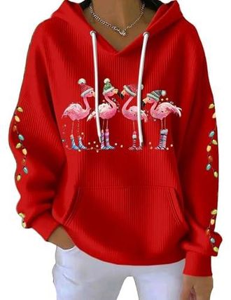 Generic Sweat &agrave; capuche de No&euml;l &agrave; manches longues avec cordon de serrage pour femme, Rouge, XXL