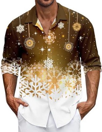 Generic Chemise de No&euml;l pour homme - Manches longues - Imprim&eacute; neige - Motif sapin de No&euml;l - T-shirt d&eacute;contract&eacute; boutonn&eacute; - Chemise hawa&iuml;enne amusante pour f&ecirc;