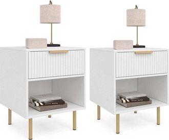 IDMarket Lot de 2 tables de chevet MARCEL 1 tiroir avec niche lattes tasseau bois blanc et doré