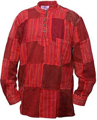 Shopoholic Fashion Chemises Hippies &agrave; Rayures Unies Lav&eacute;es &agrave; la Pierre pour Hommes, Chemise Grand-p&egrave;re en Coton &agrave; Manches Longues, Maroon, XL