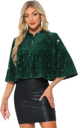 Allegra K Ch&acirc;le Enveloppant Femme en Velours &agrave; Paillettes Cape de Mari&eacute;e Bol&eacute;ro de Soir&eacute;e Vert fonc&eacute; S