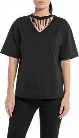 Replay Damen T-Shirt Kurzarm aus Baumwolle V-Ausschnitt, Black 098 (Schwarz), XXS