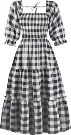 Ocean Plus Damen Neckholder Laternen&auml;rmel Blumenkleid mit eckigem Ausschnitt und Puff&auml;rmeln Plisseekleid mit R&uuml;schen und mittleren &Auml;rmeln (XL (EU 40),Schwarz und