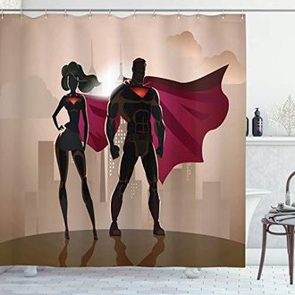 Abakuhaus Super-h&eacute;ros Rideau de Douche, Ville Hero Couple Chaud, Tissu Ensemble de D&eacute;cor de Salle de Bain avec Crochets, 175 x 180 cm, Beige Marron Magenta