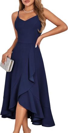 Dresstells Cocktailkleid Damen Festlich Tr&auml;ger Hochtief Kleider f&uuml;r Hochzeit Dunkelblau Knielang R&uuml;schensaum Sommerkleid R&uuml;ckenfrei Curvy Elegantes Partykleid Na