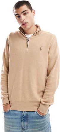 Polo Ralph Lauren Baumwoll-Strickpullover in meliertem Kamelbraun mit Markenlogo und kurzem Rei&szlig;verschluss-Neutral