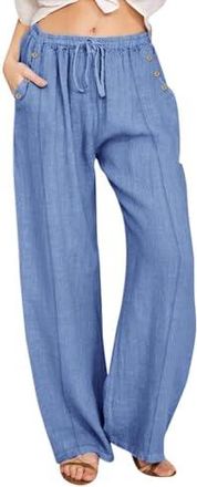 Generic Pantalon dété décontracté en lin pour femmes, jambes larges, cordon de serrage, taille haute avec poches, 2026, bleu ciel, 3XL