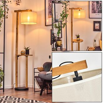 HOFSTEIN Stehleuchte Bassagoda, Stehlampe aus Holz/Metall/Stoff in Natur/Schwarz/Beige/Weiß, Leuchte im skandinavischen Design, Ø 50 cm, Ablagefläche u. Fußsch