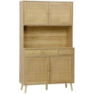 Sweeek Küchenschrank aus Holz und Rohrgeflecht mit 4 Türen und 3 Schubladen, l 110 cm - Sweeek