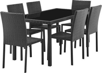 Les Tendances Ensemble repas de jardin - table en verre trempe et 6 chaises en resine tressee noir - Table 160x80x73 cm - Chaise : 44x54x88 cm