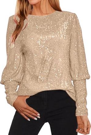 Generico Chemise &eacute;l&eacute;gante pour femme avec paillettes brillantes - Col rond avec fermeture &eacute;clair - Haut pour femme - Pour f&ecirc;te, printemps, vacances, f&ecirc;te, d&eacute;co