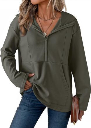 Dokotoo Kapuzenpullover Damen Hoodie Oversize Langarm Rei&szlig;verschluss Half Zip Pullover Sweatshirts mit Taschen Oberteil Warm Weich Fleece Herbst Winter L&auml;ssig