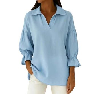 Generic Chemise Femme Coton Lin Chic Et Elegant Casual Chemises D&eacute;t&eacute; Manche Longue Et Col en V Lache Hauts Legers Respirant Tunic Mode Coton Et Lin Grande Tai