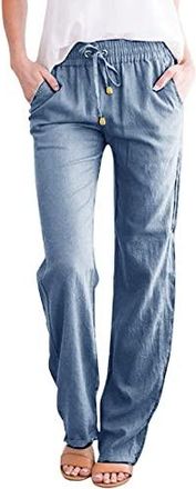 Generic Pantalon Femme Large L&eacute;ger Blanc en Lin Ample Femmes Taille Haute Pantalon Large Jambe D&eacute;contract&eacute; Cordon &Eacute;lastique Confortable Jambe Droite Long avec