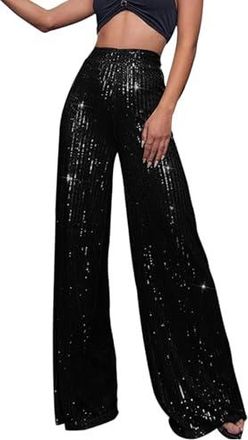 Generic Pantalon palazzo &agrave; paillettes taille haute pour femme, pantalon long pour f&ecirc;te, club, leggings larges, Noir, 3XL
