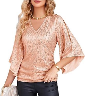 Grace Karin T-Shirt Femme à Paillettes Col Croisé en V Blouse Paillettée Vintage à Manches 3/4 Tunique à Sequins Taille Plissée XL Or Rose
