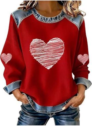 Generic Sweat-shirt &agrave; manches longues et col rond en denim pour femme - Patchwork - Motif coeur - D&eacute;contract&eacute; - Col rond, Rouge, 3XL