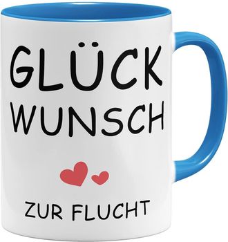 OM3 Gl&uuml;ckwunsch zur Flucht - Abschied Tasse mit Spruch Abschiedsgeschenk f&uuml;r Kollegen - Keramik Becher - 11oz 325ml - Beidseitig Bedruckt - Hellblau