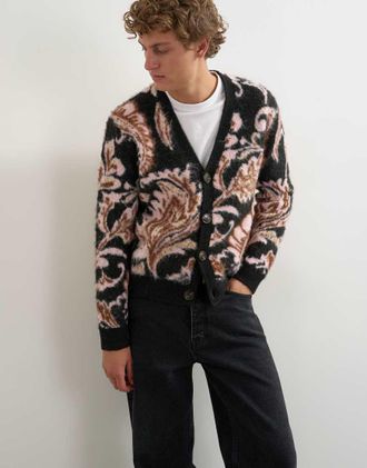 Topman Regular Fit Paisley-Strickcardigan mit geb&uuml;rsteter Oberfl&auml;che in Schwarz