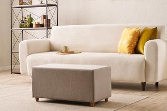 Atelier Del Sofa Stylish Beige Pouffe, 80 x 40 x 40 cm | Wooden Frame, 50% Cotton/50% Polyester, 32 DNS Foam | Easy Clean Fabric, Perfect for Modern Living Spaces