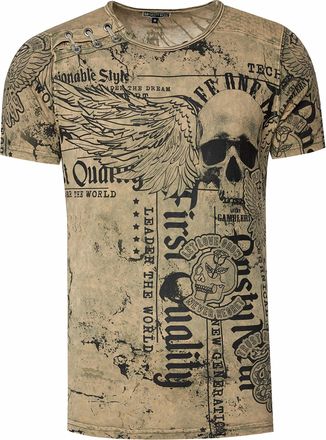 Rusty Neal Herren T-Shirt Verwaschen mit Plakativem Print Flying-Skull Stretch-Shirt Streetwear-Finest mit Seitlicher-Knopfleiste 296, Farbe:Khaki, Gr&ouml;&szlig;e S-3XL:X