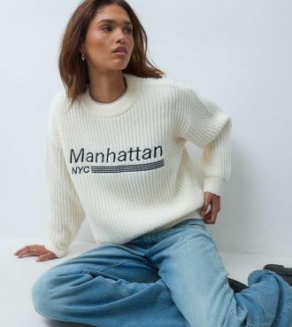 the frolic pull en grosse maille &agrave; logo exclusif &laquo; Manhattan NYC &raquo; blanc