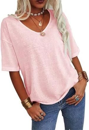 Generic Tranquilm T-shirt &agrave; col en V pour femme - Couleur unie - Col en V - Manches 3/4, rose, 3XL