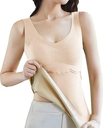 Generic Chemise thermique sans manches à col en V avec soutien-gorge intégré doublé en polaire - Débardeur thermique avec rembourrage éponge pour femme, beige