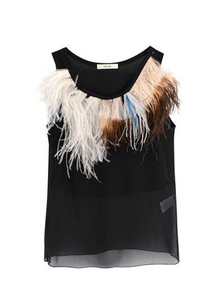 Celine Black Silk Tank Top with Ostrich Feather Trim Sheer Top Size XS