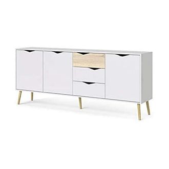 Dmora Sideboard mit drei T&uuml;ren und drei Schubladen, Wei&szlig; und Eiche, Ma&szlig;e 195 x 81 x 39 cm