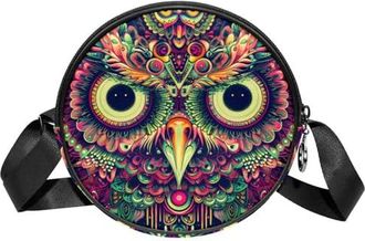 Generic Petit sac &agrave; bandouli&egrave;re rond pour femme, motif chouette, sac &agrave; bandouli&egrave;re avec fermeture &eacute;clair, bretelles r&eacute;glables, sac &agrave; main rond d&eacute;contract&eacute; pou