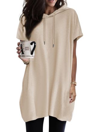 Dokotoo Kapuzenpullover Damen Hoodie Oversize T-Shirts Sommer Oberteile Kurzarm mit Kapuze Pullover Sweatshirt Tops Lässig Einfarbig Tshirts Oberteil Aprikose