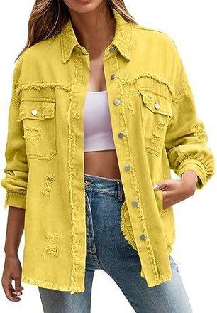 Generic Veste en jean surdimensionn&eacute;e d&eacute;chir&eacute;e pour femme Printemps 2026, jaune, XXL