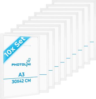 Photolini Bilderrahmen A3 Weiß Holz MDF, 10er Set A3 Bilderrahmen 30x42 weiß, DIN A 3 Rahmen mit Acrylglas, Picture Frame 42x30 zum Aufhängen, Rahmen 42 x 30 mi