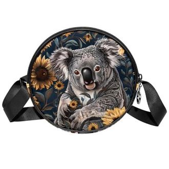 Generic Sac &agrave; bandouli&egrave;re rond pour femme, motif tournesols koala, petit sac &agrave; bandouli&egrave;re avec fermeture &eacute;clair, bretelles r&eacute;glables, sac &agrave; main rond d&eacute;contr