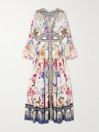 Camilla Maxikleid Aus Seide Mit Blumenprint, Raffungen Und Kristallen - Wollweiß