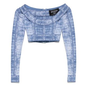 Balmain Femme, Tops, Bleu, Taille: 36 FR Haut &agrave; Manches Longues Effet Denim avec Logo
