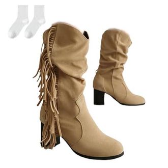 Generic Bottes Mi-Mollet Pour Femmes Avec Talon Carr&eacute;, Bottes D&eacute;quitation Tendance Aspect Daim Avec Design Pliss&eacute; Et Franges, Bottes Confortables &Agrave; Enfiler Po