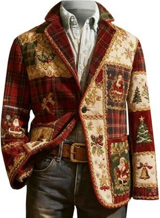 Generic Blazer de Noël moche en velours côtelé pour homme - Veste imprimée - Costume de vacances festif - Coupe ajustée - Revers simple boutonnage - Imprimé a