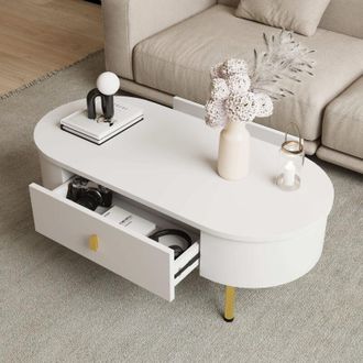 STILVORA Table Basse avec 2 Tiroirs, Poign&eacute;es et Pieds Dor&eacute;s, Coins Arrondis, Style Moderne, en MDF, Blanc, 108&times;50&times;40 cm