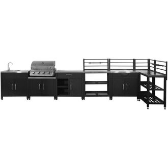 Sweeek Ensemble de meubles de cuisine ext&eacute;rieure en acier inoxydable 7 modules avec barbecue au gaz 4 br&ucirc;leurs